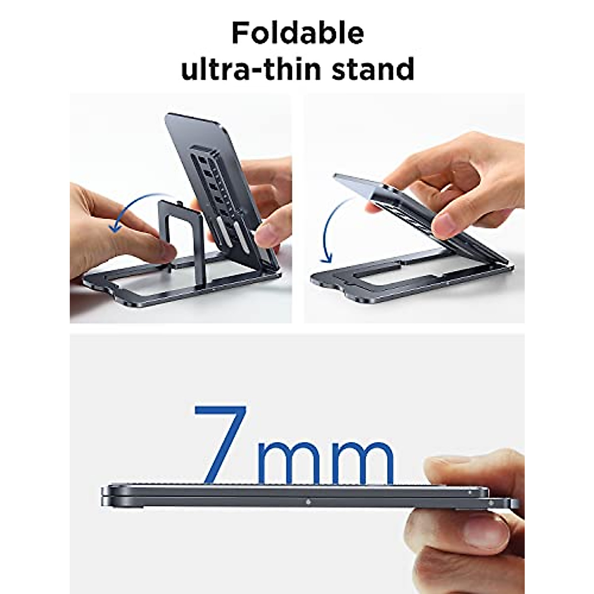 LISEN Travel Essentials Accessories Foldable Cell Phone Stand, [Sturdy Aluminum Metal] Adjustable Cell Phone Holder [Ultra Thin] Portable Stand for Desk Compatible with All Smartphones, Tablets