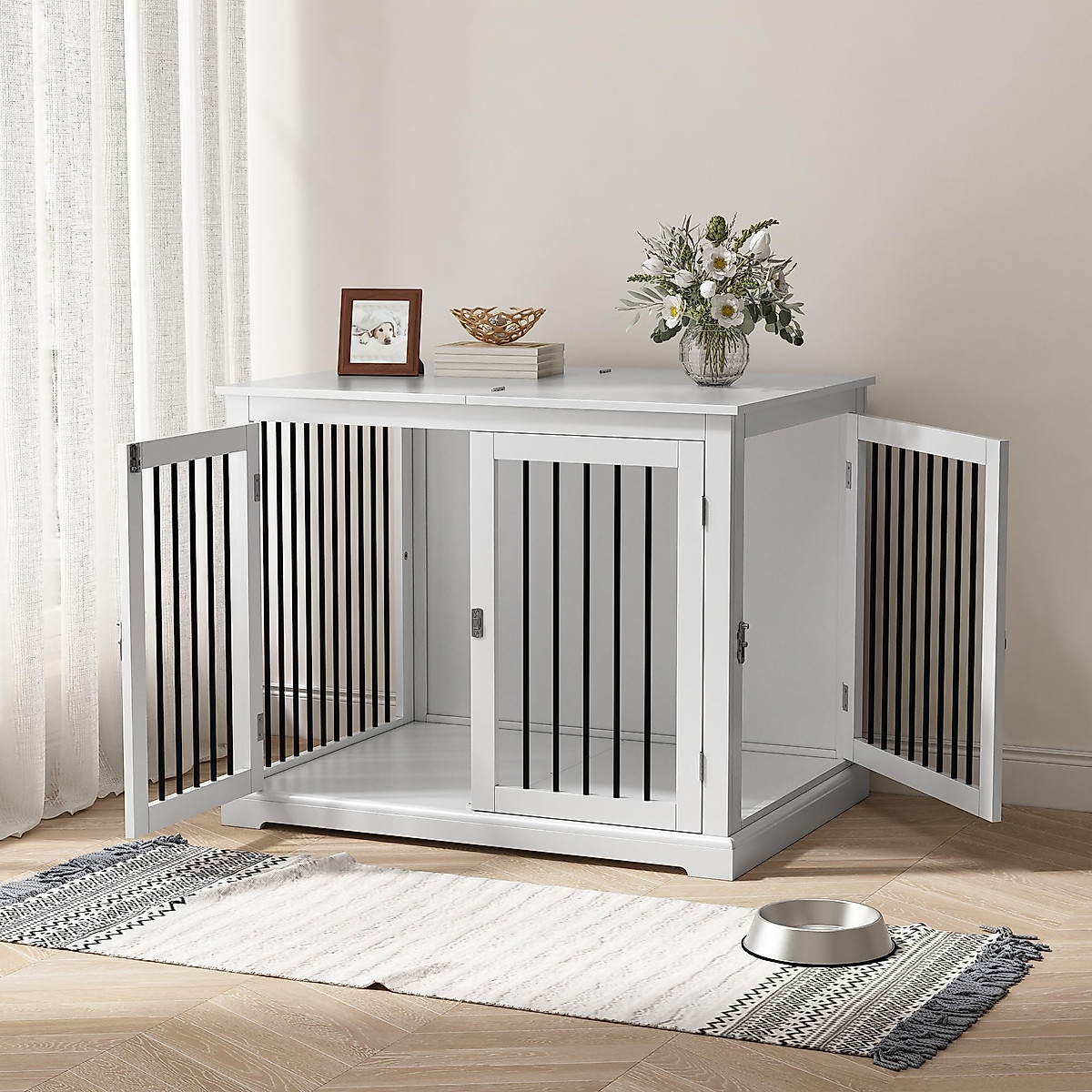 PUPETPO Dog Crate Furniture with Cushion, Dog Crate End Table Large, Indoor Dog Kennel, Dog House, Dog Cages for Large Dogs, Furniture Style Dog Crate with Flip-top, Chew-Proof Metal Bars, White