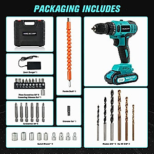 MACXCOIP Brushless Cordless Drill, 21V Electric Power Drill Driver with 3/8" Keyless Chuck, 300 In-lb Torque, 2 Variable Speeds, 25+1 Adjustable Clutch, 33pcs Accessories with Battery & Charger