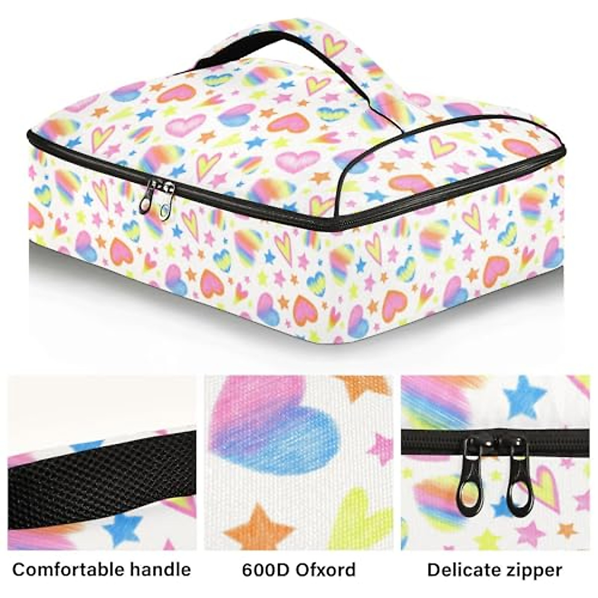 Kcldeci Insulated Thermal Food Carrier Insulated Casserole Carrier for Hot or Cold Food,Heart Star Rainbow Hearts Insulated Tote Bag for Potluck Cookouts Parties Picnic,Lasagna Lugger