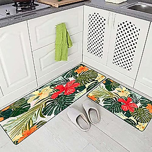 Gesmatic 2 Piece Non Slip Kitchen Mat Non-Slip Summer Colorful Hawaiian Tropical Plants and Hibiscus Flowers 17"X48" 17"X24" for Kitchen Floor Sink Laundry Hallway Dinning Room Office