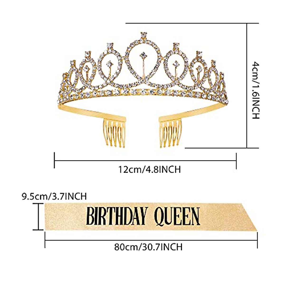 TOBAAT Birthday Sash and Tiara for Women, Gold Crystal Crown with Combs Birthday Sash for Women Holiday Decorations