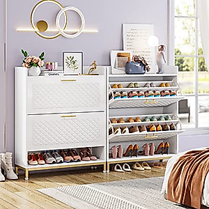 Tribesigns Shoe Cabinet Tipping Bucket Shoe Storage Cabinet with 2 Flip Drawers & Open Shelf, Freestanding Wooden Shoe Rack Modern Shoe Organizer for Entryway, Bedroom, Small Space (White & Gold)