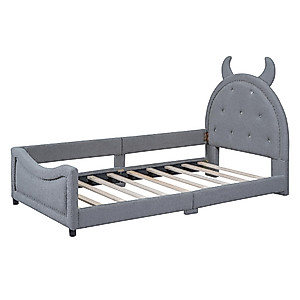 FANYHOME Twin Size Upholstered Daybed with OX Horn Shaped Headboard, Modern Low Profile Bed with Sturdy Wooden Slats Support, Wooden Daybed Frame for Living Room, Bedroom,Guest Room,Gray