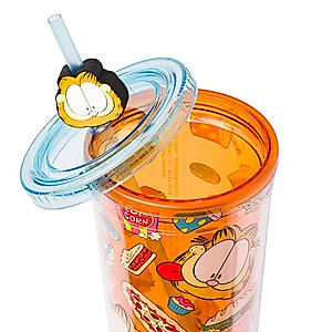 Silver Buffalo Garfield Junk Food Pattern Plastic Cold Cup with Lid and Straw Topper, 24 Ounces