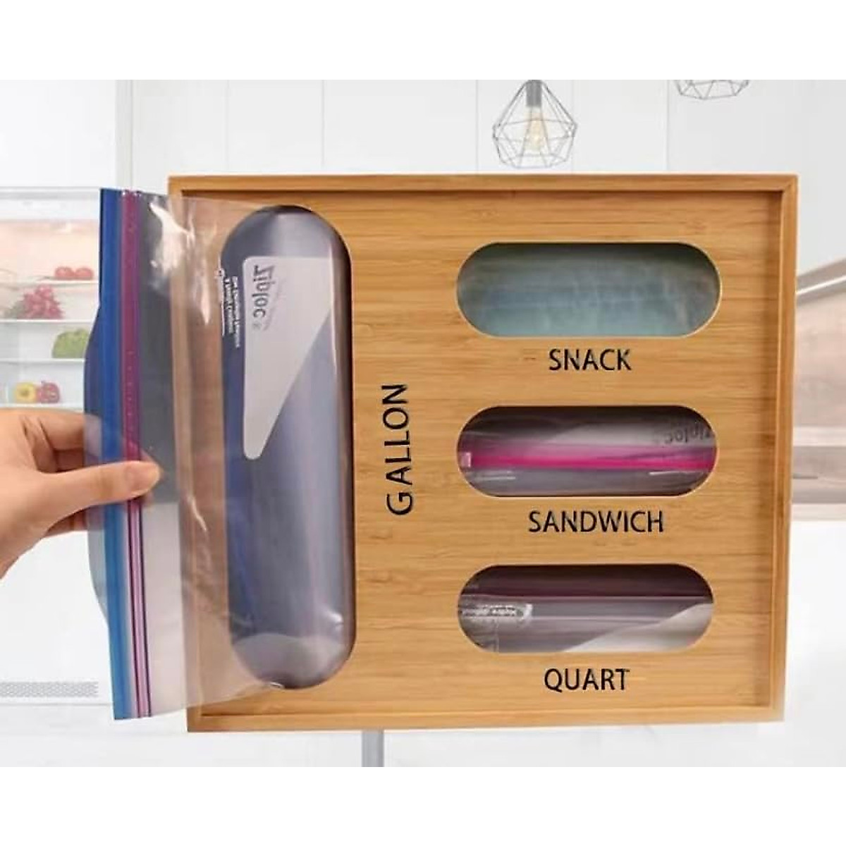 CNL DESIGNS INC. Bamboo Ziplock Bag Organizer for Drawer, Food Storage Organizer, Sandwich Bag Organizer for Kitchen, Compatible with Gallon, Quart, Sandwich & Variety Snack Size Bags.