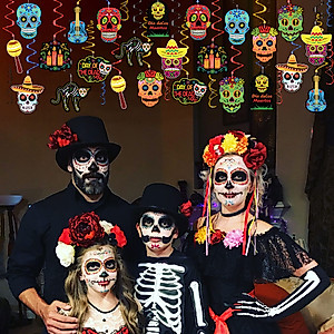 Tifeson Día de Los Muertos Decorations Hanging Swirls - 36 Pcs Mexican Day of The Dead Sugar Skull Ceiling Swirls for Coco Theme Party, Cinco de Mayo, Halloween Sugar Skull Party Decorations Supplies