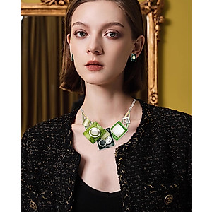 CSY Fashion Oval Crystal Opals Statement Bib Necklace Earrings Silver Plated Bohemian Costume Jewelry Set Gifts for Women (green)