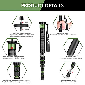 Manbily Camera Monopod Aluminum Portable Compact Lightweight Travel Monopod with Carrying Bag Walking Stick Handle,for DSLR Canon Nikon Sony Video Camcorder (Aluminum, Green&Black)