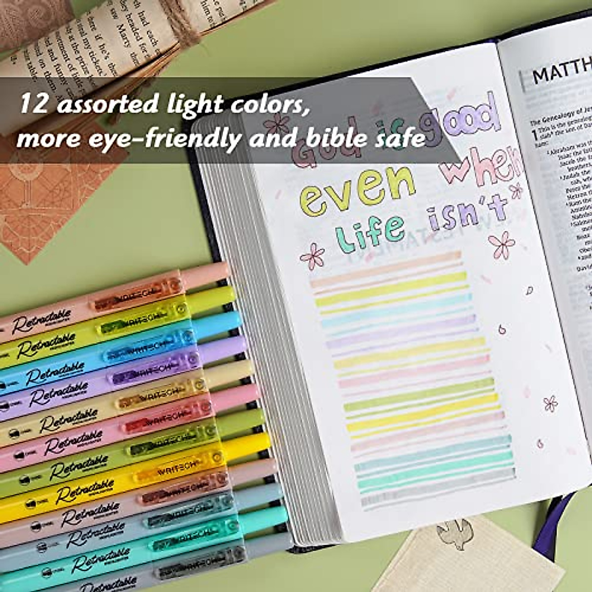 WRITECH Retractable Bible Highlighters Assorted: Pastel Colors No Bleed Aesthetic Marker Pen Chisel Tip, 12 pack