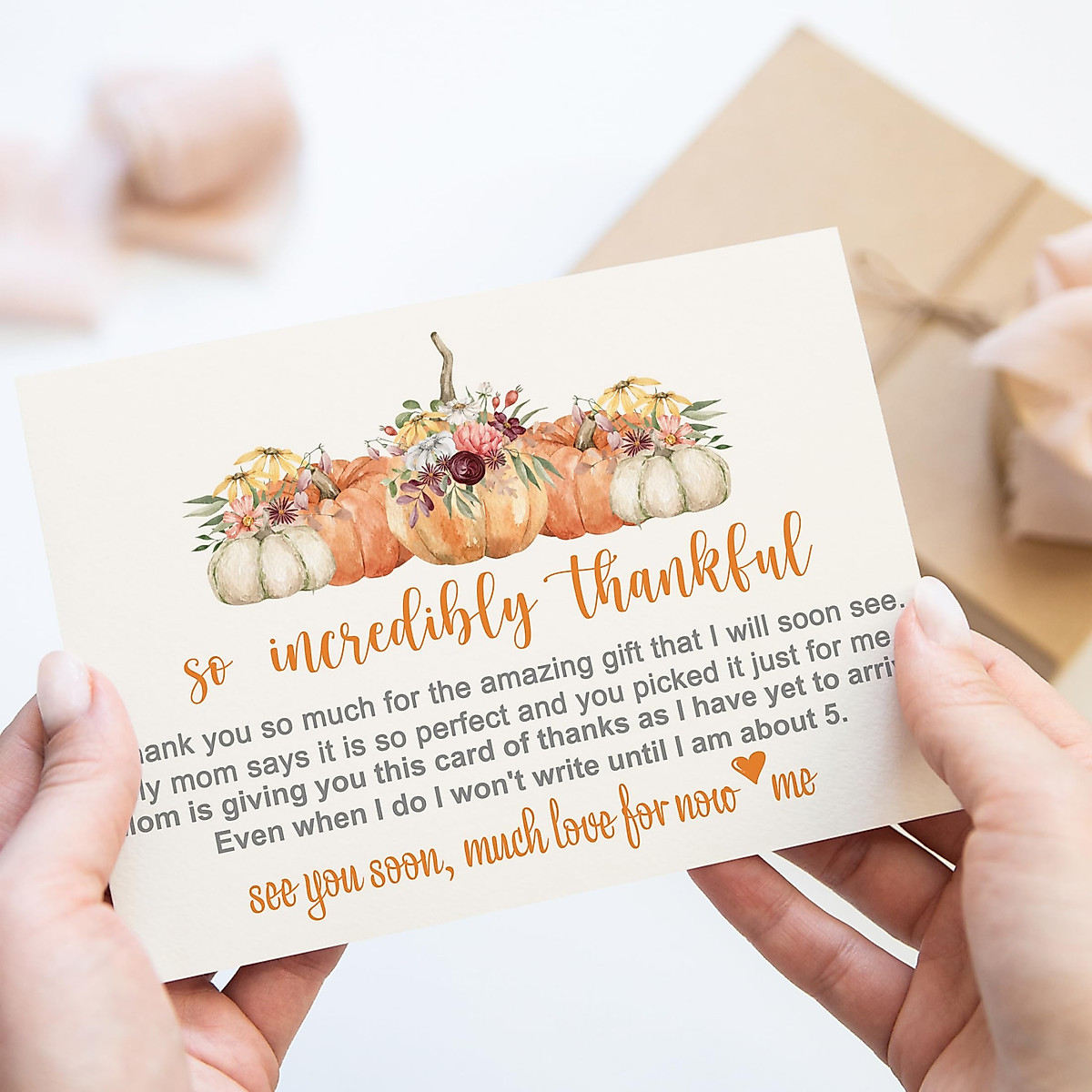 Paper Clever Party Rustic Pumpkin Baby Shower Thank You Cards with Envelopes Girls or Boys Prewritten Note with Personalized Message, 4x6, 25 Pack