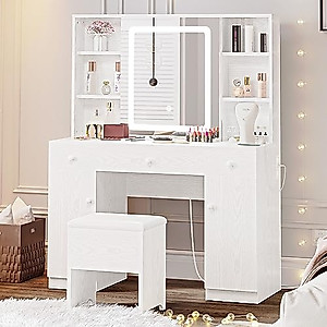 IRONCK Vanity Desk with LED Sliding Mirror & Power Outlet, Large Bedroom Makeup Table with Drawers & Cabinet & Storage Shelves & Stool, White