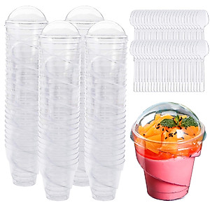 Foraineam 100-Pack 5 oz. Thick Plastic Dessert Cups with 100 Lids and 100 Spoons, Disposable Reusable Appetizer Serving Bowls