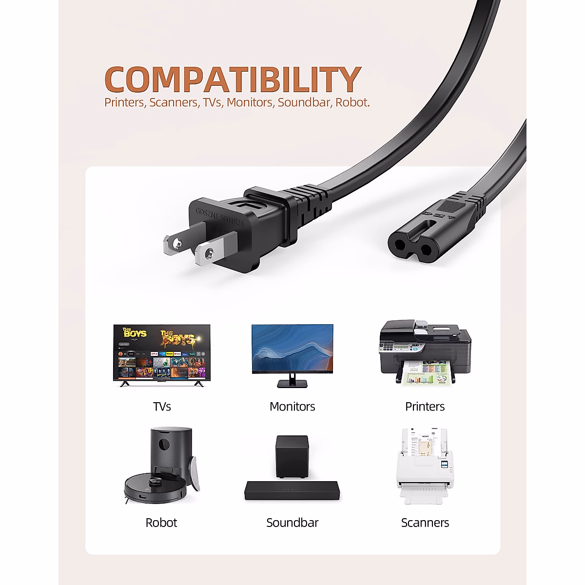 2 Prong Charger Cord Fit for JBL PartyBox 300 310 100 200 1000 On-The-Go Bluetooth Speaker System Power Cord Replacement AC Cable