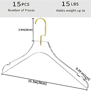Besser Acrylic Clear Hangers 15 Pack Gold Acrylic Hangers Premium Quality Crystal Clear Hangers with Gold Hooks Luxury Dress Suit Hangers（Flat Hook）