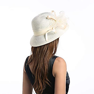 DT DANTIYA Women's Derby Dress Floral Tea Party Wedding Bucket Hat Church Cloche Hat Bowler Hats Beige