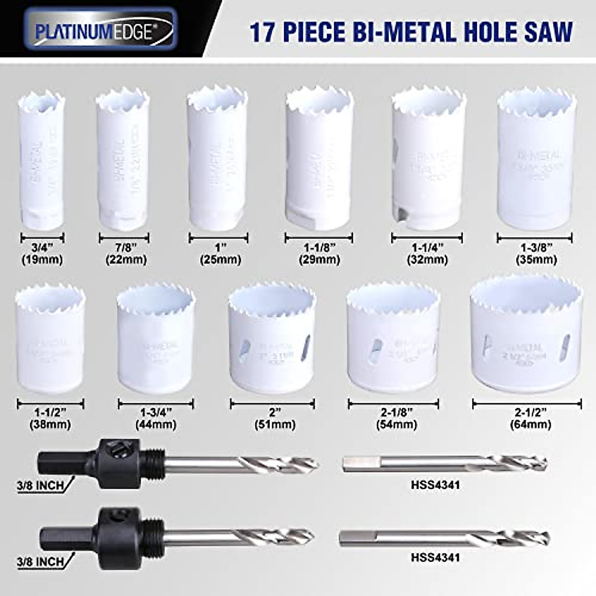 Hole Saw Kit, 17 Piece General Purpose 3/4" to 2-1/2" Set with Mandrels, Bi-Metal, Durable High Speed Steel (HSS). Fast Cut Clean, Smooth and Precise Holes Through PVC, Metal, Wood, Plastic, Drywall