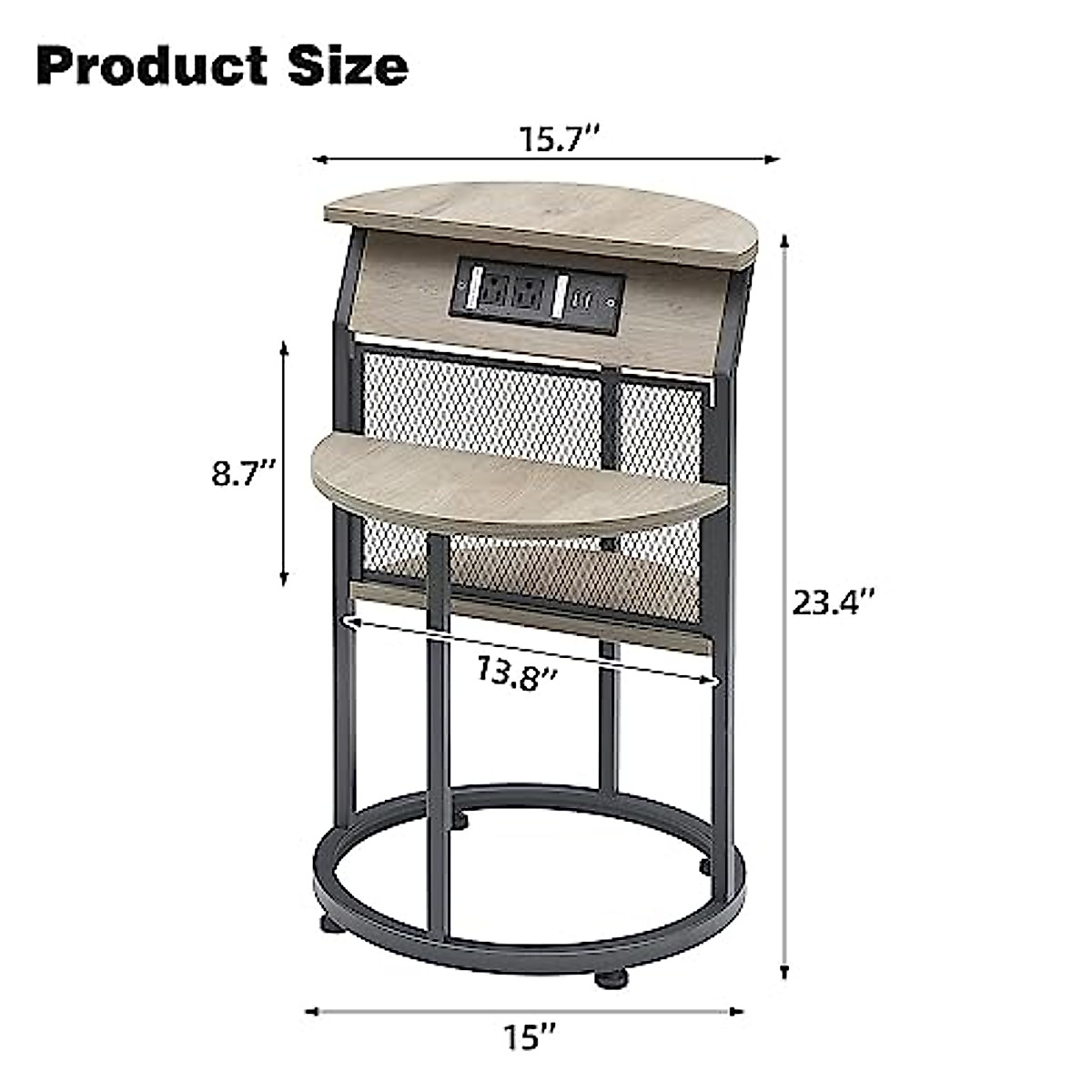 IDEALHOUSE Round End Table with Charging Station, Grey Wood Side Table with USB Ports and Outlets, Sturdy Circle Farmhouse End Table for Living Room, Bedroom and Couch