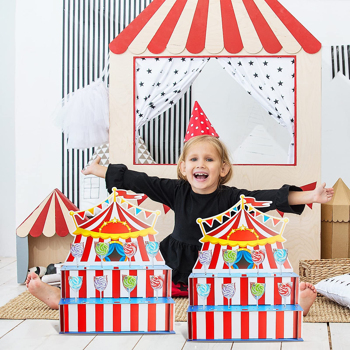2 Pack Circus Tent Shaped Lollipop Stand 2 Tier Circus Lollipop Candy Stand 48 Suckers Dessert Table Display Set Carnival Theme Tent Design for Circus Birthday Party Favor Decoration Supplies