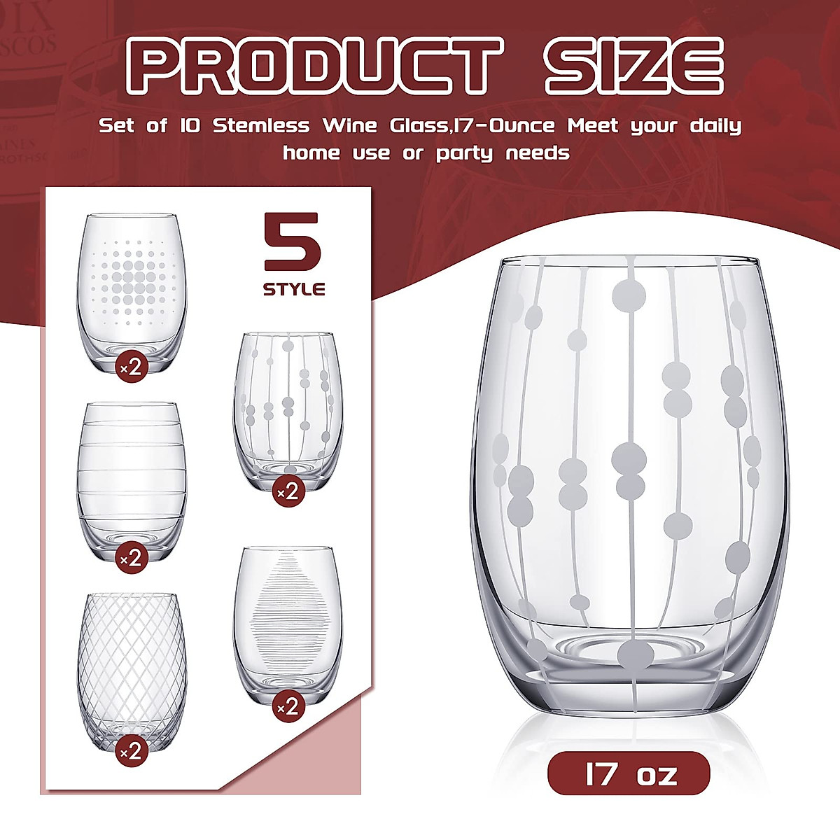 Set of 10 Stemless Wine Glass 17 oz Medallion Crystal Glasses Clear Etched Wine Glasses Textured Wine Goblets Designed Glass Cups Water Glassware for Home Kitchen Beer Juice Red Wine Party Supplies