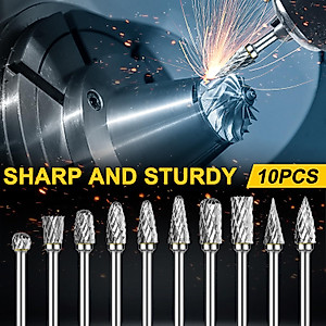 Decymis Carbide Burr Set Compatible with Dremel Rotary 1/8"" Shank 10PCS Die Grinder Rotary Tool Rasp Bits Accessories for Woodworking Drilling Metal Carving Engraving Polishing Double Cut