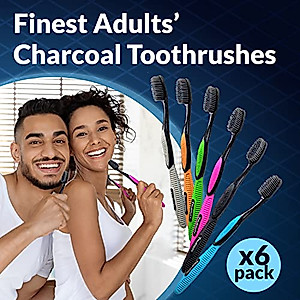 Charcoal Toothbrush 6 Pack, Natural Teeth Whitening Solution - Ultra Soft Tooth Brush - Gentle, Slim Brush Head - Black Toothbrushes for Adults Working Great with Activated Charcoal Toothpaste