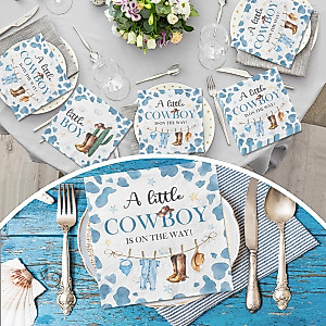 Cowboy Baby Shower Decorations-40pcs Little Cowboy Baby Shower Napkins, Blue Disposable Little Cowboy is on the Way Paper Napkins for Boys Cowboy Baby Shower Birthday Party Decorations