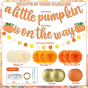 Kriyokiaa Little Pumpkin Baby Shower Decorations 14 Pcs Fall Baby Shower Decorations with A Little Pumpkin Is On The Way Banner, Tissue Pom-Poms, Paper Lantern