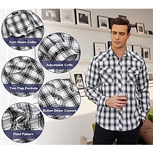 COOFANDY Mens Shirt Western Long Sleeve Cowboy Plaid Casual Button Up Dress with Pockets, Black White, Large, Long Sleeve