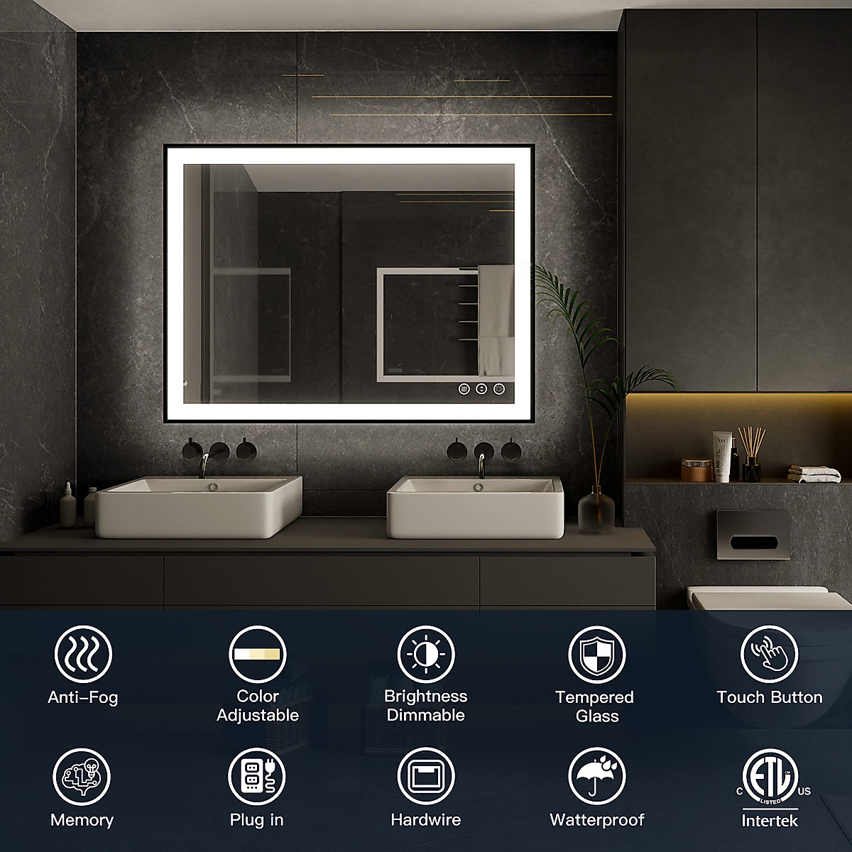 ISKM LED Mirror for Bathroom 40x24 Inch, Framed Adjustable Backlit and Front Lighted Anti-Fog Wall Mounted Mirror with Memory Function, Shatterproof and Waterproof