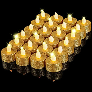 Mudder 24 Pieces Gold Tea Lights LED Candles Tealights Flameless Votive Battery Operated Tea Lights Electric Glitter Flickering Tealight for Valentines Holiday, Wedding, Festival Gift, Party Decor
