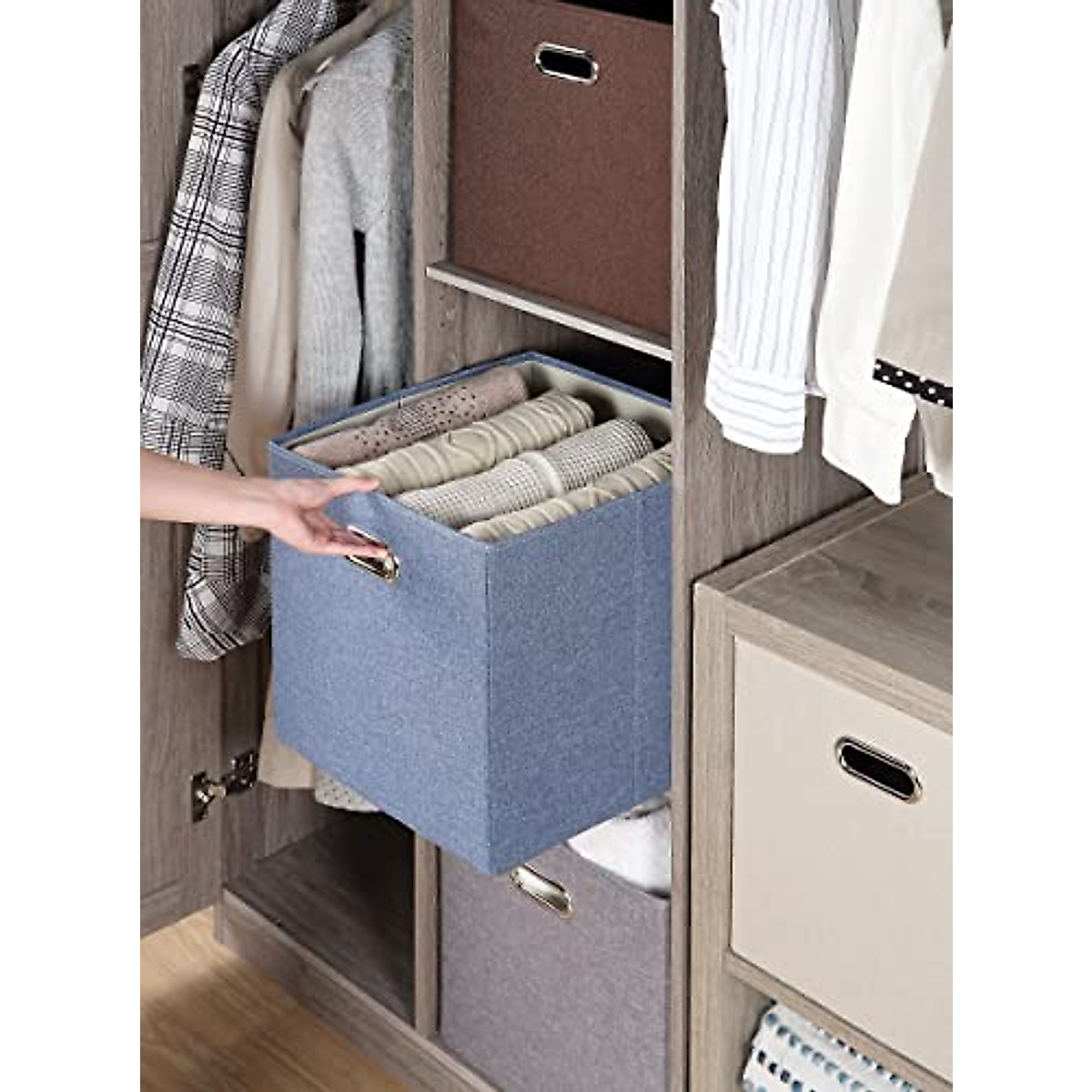 SunnyPoint Cloth Foldable Storage Basket Bin, Foldable Storage Cube Boxes Fabric Drawer with Metal Handle for Closet Shelf, Cabinet, Bookcase (10.5", Cream)