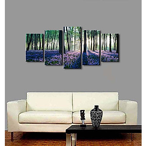Pyradecor Early Morning Lavender Canvas Prints Wall Art Purple Floral Pictures Paintings for Bedroom Kitchen Bathroom Home Decor Modern 5 panels Stretched and Framed Flowers Landscape Giclee Artwork