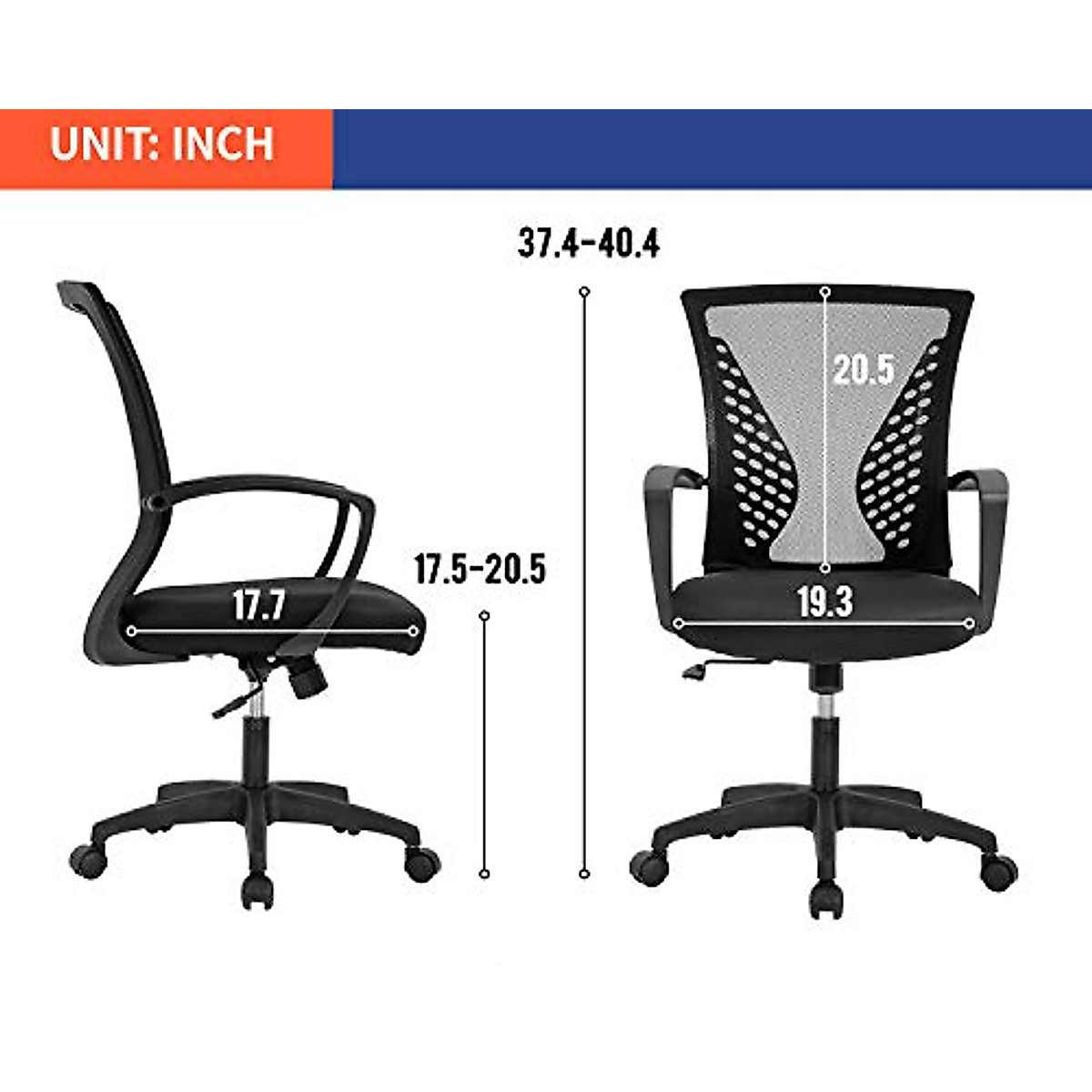 OffiClever Computer Ergonomic Chair Mesh Mid Back with Wheels Lumbar Support Armrest and Adjustable Executive for Men&Women, Black