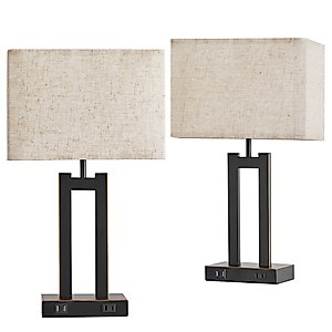 SURAIELEC Table Lamps Set of 2, Touch Control Nightstand Lamp with 2 USB Charging Port & AC Outlet, 3-Way Dimmable Table Lamp for Bedroom, Living Room, Beige Linen Lampshade, LED Bulb Included