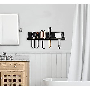 Hair Dryer Holder Wall Mounted Blow Holder Bathroom Hair Tool Organizer, Hair Styling Care Tool Organizer, Rustic Wood Beauty Appliance for Flat Iron, Curling Wand, Hair Straighteners, Brushes（Black）