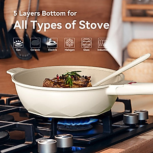 Tiborang 8 in 1 Frying Pans Nonstick,11" Frying Pan Skillet with Lid,Steamer for Cooking,All in One Pan Cookware for All Stoves,Woks & Stir-Fry Pans Nonstick,Saute Pan PFAS-Free/PFOA-Free(White)