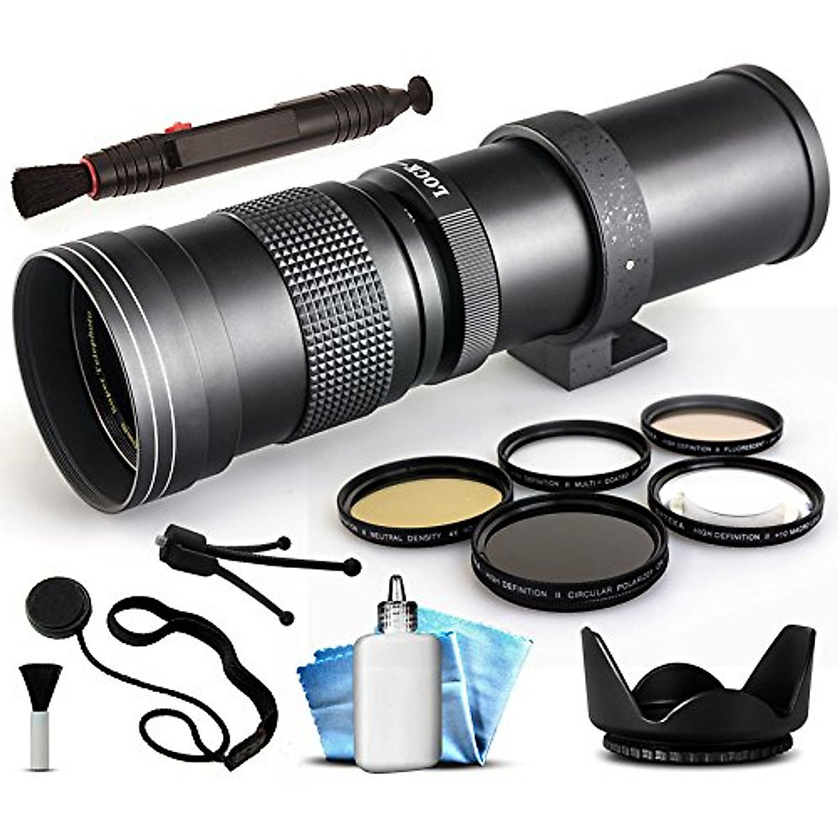 Opteka 420-800mm f/8.3 HD Telephoto Zoom Lens Bundle Package includes 5 Piece UV-CPL-FL-Macro 10x-ND4 Filters + Tulip Hood + Cap Keeper + Lens Pen + Cleaning Kit for Canon EOS M / M2 DSLR SLR Digital Camera