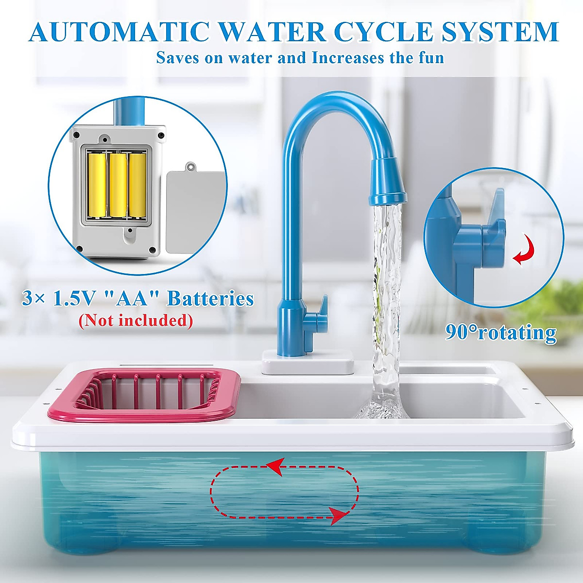 SmartChef Play Kitchen Sink Toys, Blue Electric Dishwasher Playing Toy with Running Water, Play Food & Tableware Accessories, Kitchen Set Toys, Role Play Sink Set for Toddlers Kids Boys Girls