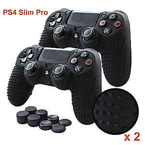 PS4 Controller Grips,Pandaren Studded Anti-Slip Silicone Cover Skin Set Compatible for PS4 /Slim/PRO Controller(Black Skin x 2 + FPS PRO Thumb Grips x 8)
