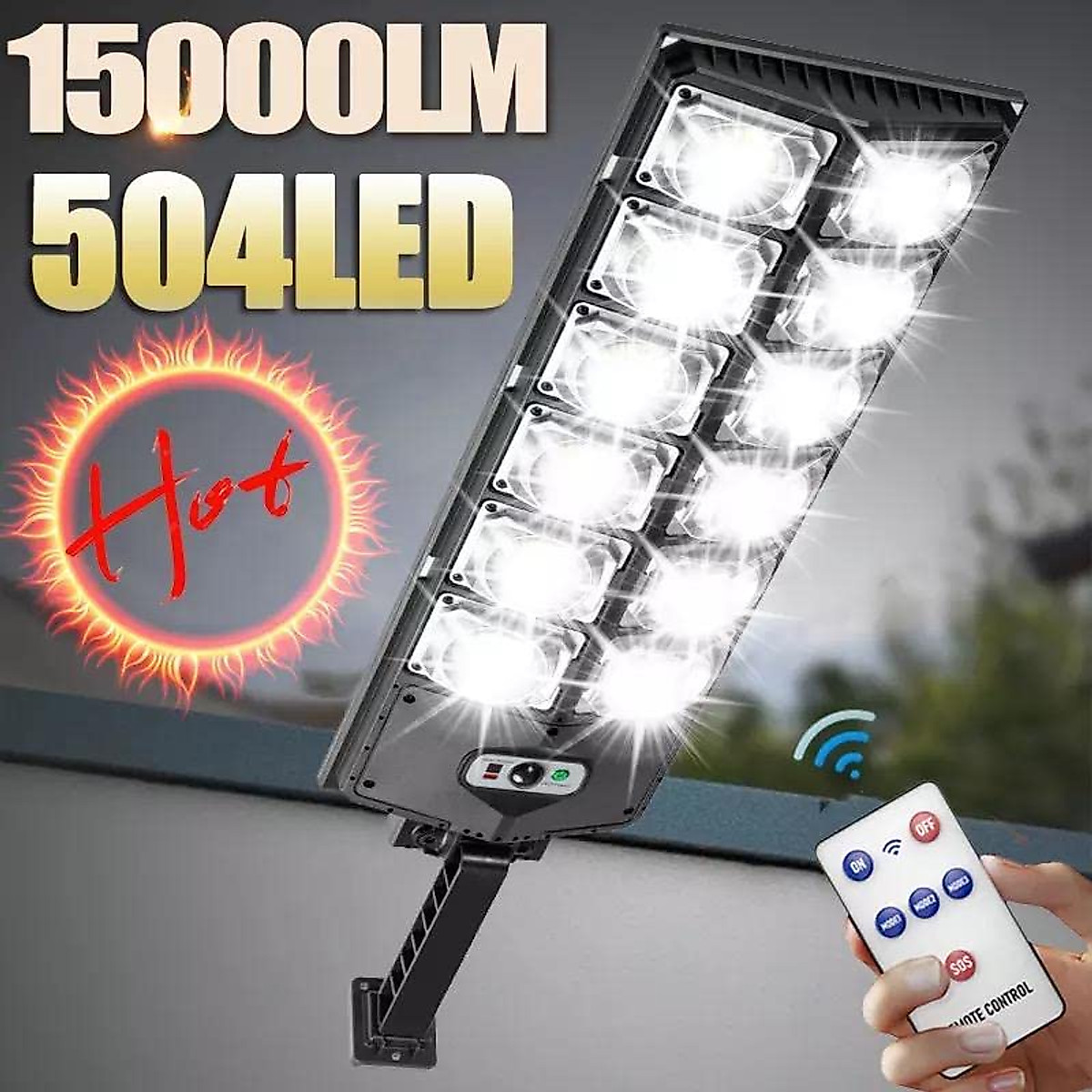 Solar Street Light Dusk to Dawn Outdoor Lighting 15000LM Flood Lights with Motion Sensor and Remote Control for Mounting Pole Bracket Garden, Court, Yard, Parking Lot, White (91350181MA359HEX1F)