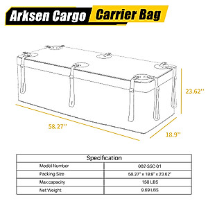 ARKSEN Hitch Cargo Carrier Bag for 20" x 60" Baskets Waterproof 15 Cubic Feet Large Capacity Luggage Storage (58" L x 19" W x 24" H) for Car Truck SUV RV or Trailer