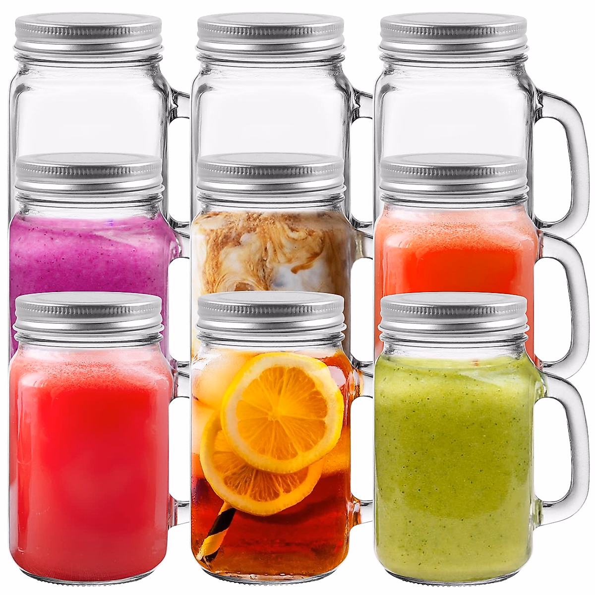 Keketin 16 oz Glass Mason Jars with Lids,9 Pack Reusable Drinking Mason Jars with Handle,480ml Glass Overnight Oats Jar,Beer Mugs for Smoothies,Preserve,Cocktails,Party Favors