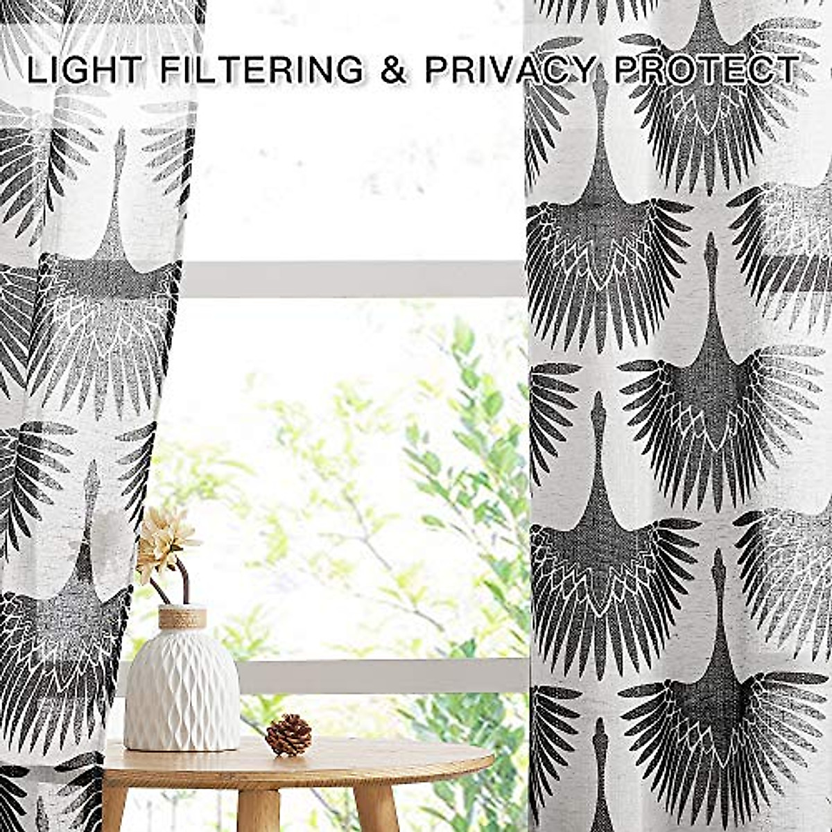KGORGE Sheer Curtains 84 inch Length - Natural Linen Floral Curtains Geometric Print Half Translucent Washable Window Drapes for Bedroom Living Room French Door, Set of 2, Black