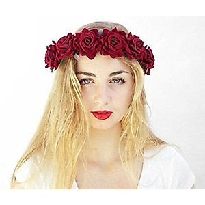 Floral Fall Rose Red Rose Flower Crown Woodland Hair Wreath Festival Headband F-67 (3-Red)