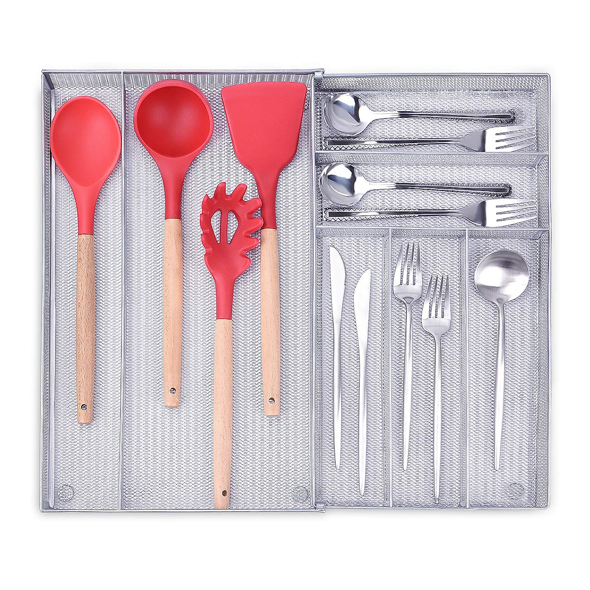 WuGeShop Mesh Kitchen Drawer Organizer Expandable, 7 Compartment Large Silverware Organizer/Cutlery Tray with Anti-Slip Mat, Adjustable Utensils Organizer Flatware Tray