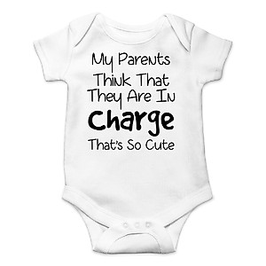 CBTwear My Parents Think That They Are in Charge Baby Bodysuit Funny Infant Outfit Unisex Humor Romper (Newborn, White)