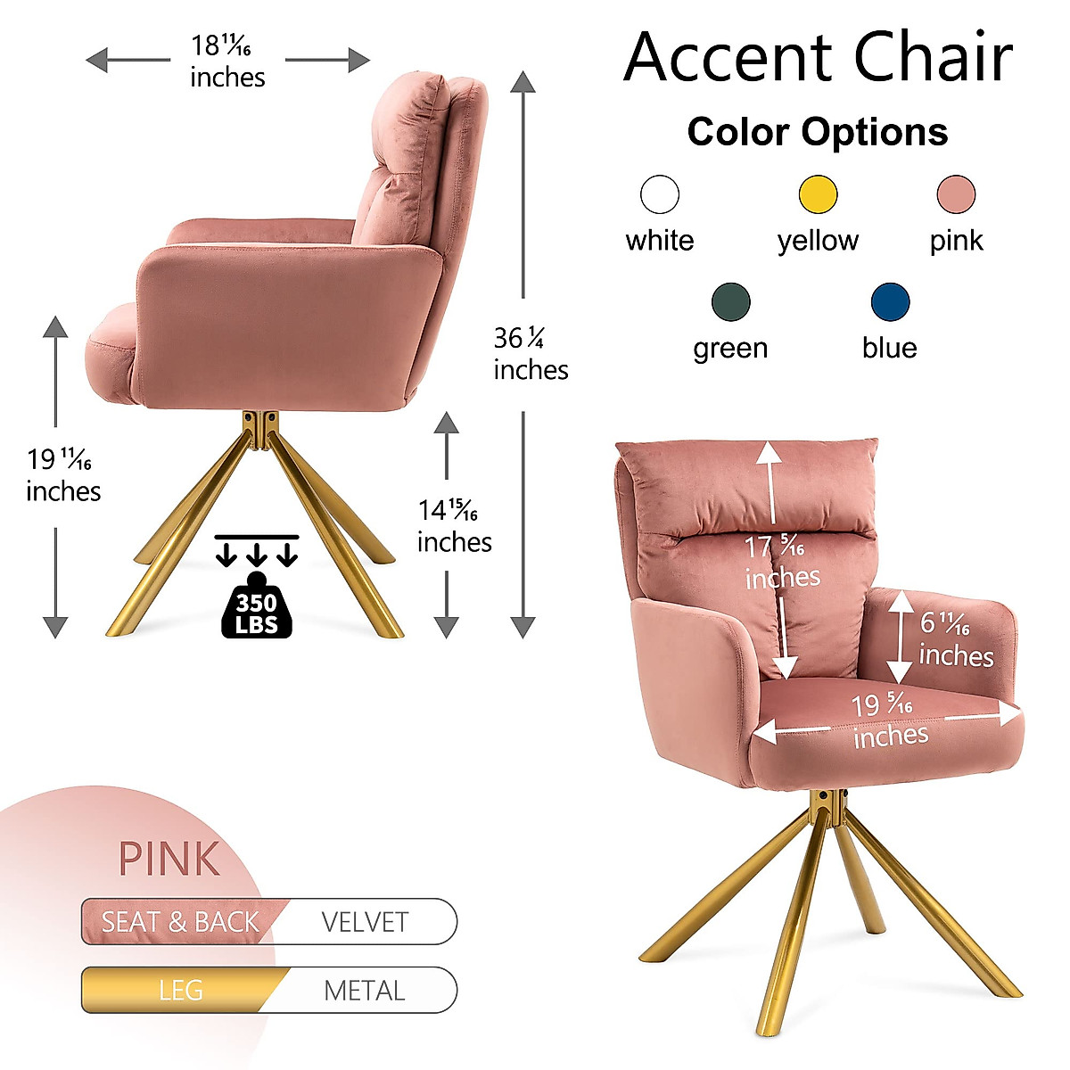 NORDICANA 180° Swivel Velvet Living Room Chair Modern Dining Armchair with Golden Legs Ergonomic Upholstered Accent Chair Single Sofa for Bedroom Reading Home Office, Rose Pink