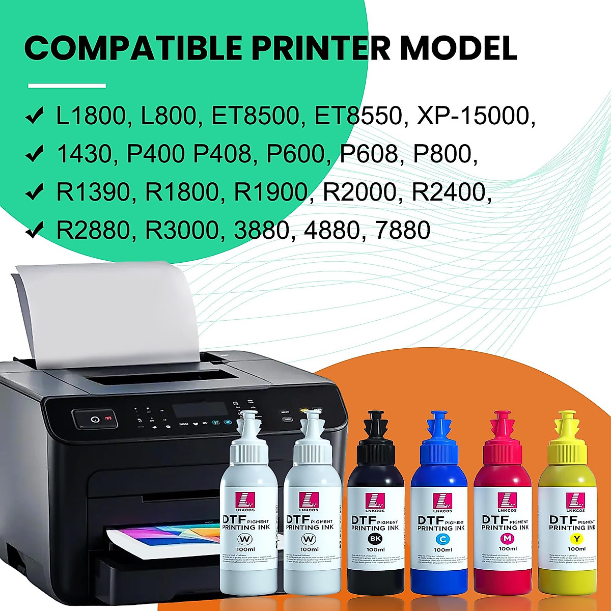 LNKCOS 6×100ML DTF Ink Refill for Inkjet Printer Heat Transfer Printing Direct to Film (2 White+CMYK,6 PCS)