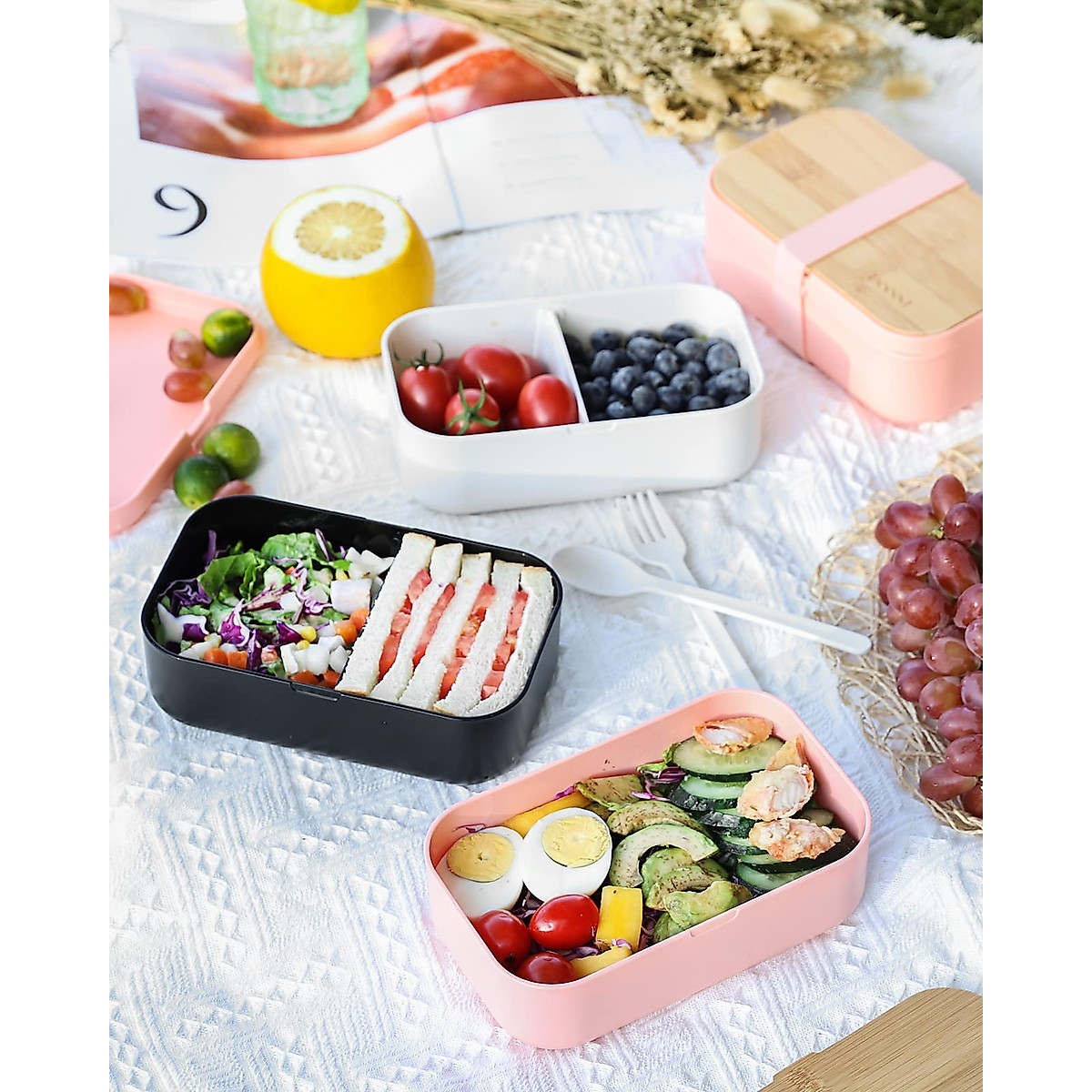 invvni Bento Box Lunch Box Containers for Adults Kids - Natural Bamboo Lid, Cutlery & Chopsticks, Microwave Safe, Dishwasher Safe, Bpa Free, Leakproof, Gifts for Women, Small